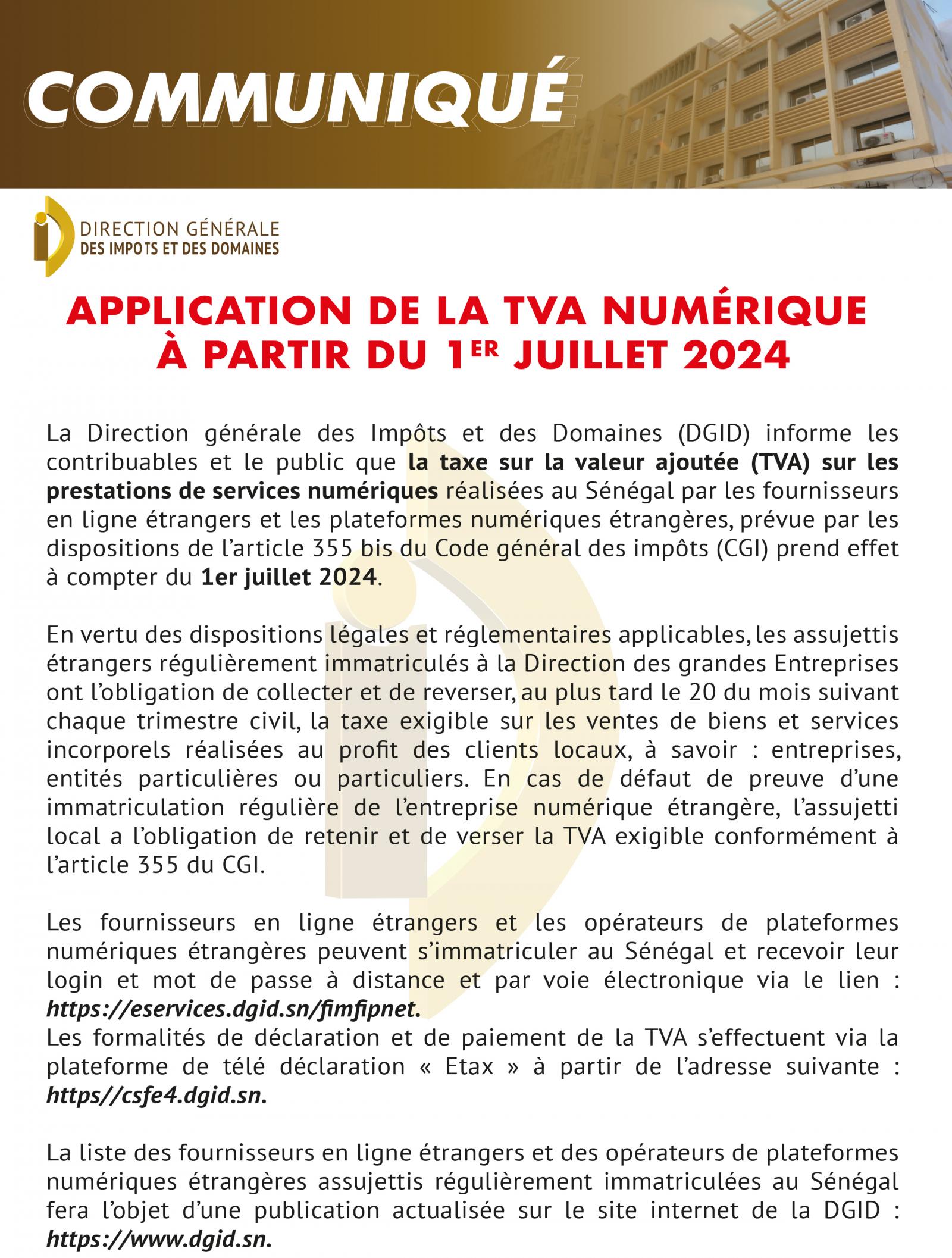 APPLICATION DE LA TVA NUMÉRIQUE À PARTIR DU 1ER JUILLET 2024